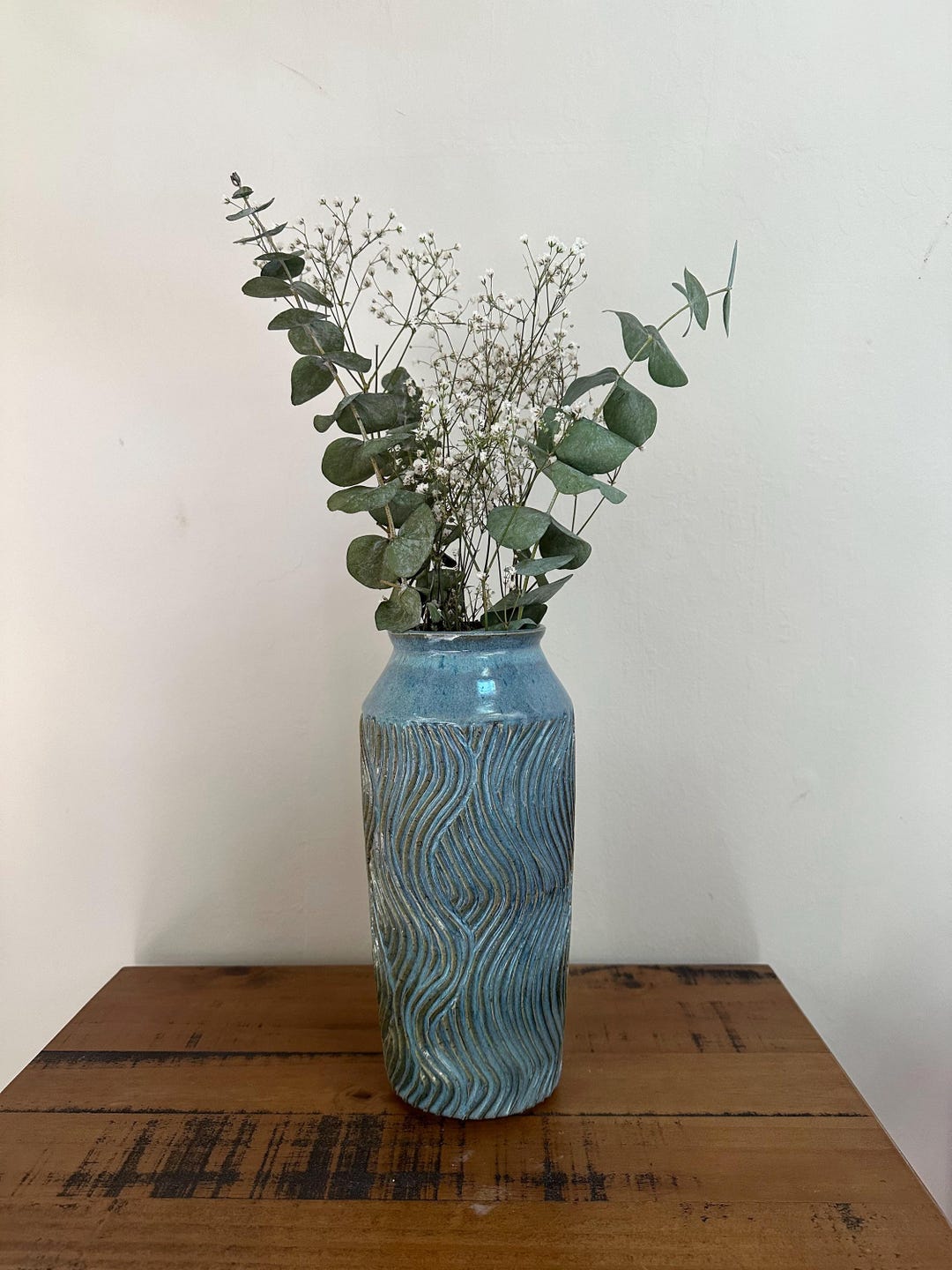 Hand-carved Tall Light Blue Ceramic Vase With Wave Pattern. 10.25 ...