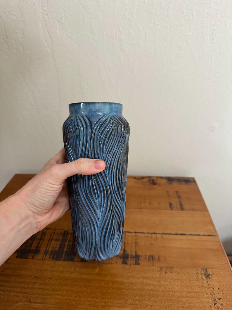 Hand-carved Tall Rich Blue Ceramic Vase With Wave Pattern. 8.5 Inches ...