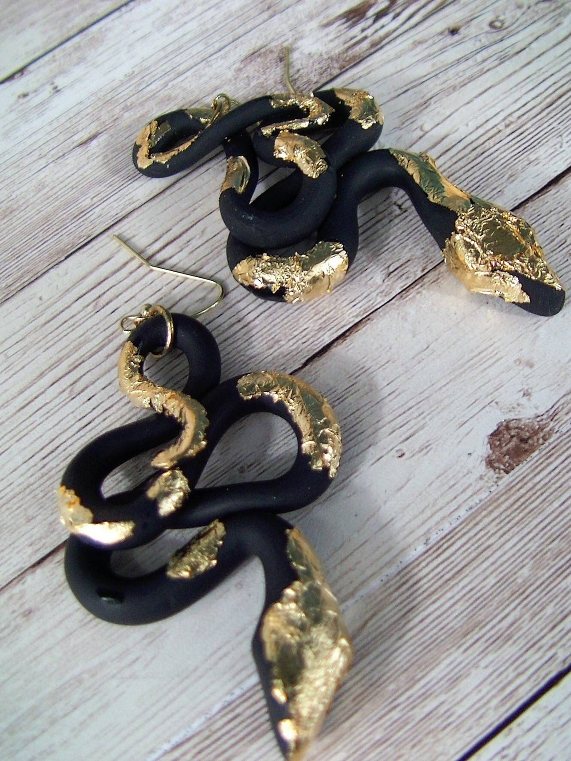 Handmade Coiled Black Snake and Gold Foil Polymer Clay Dangle Earrings ...