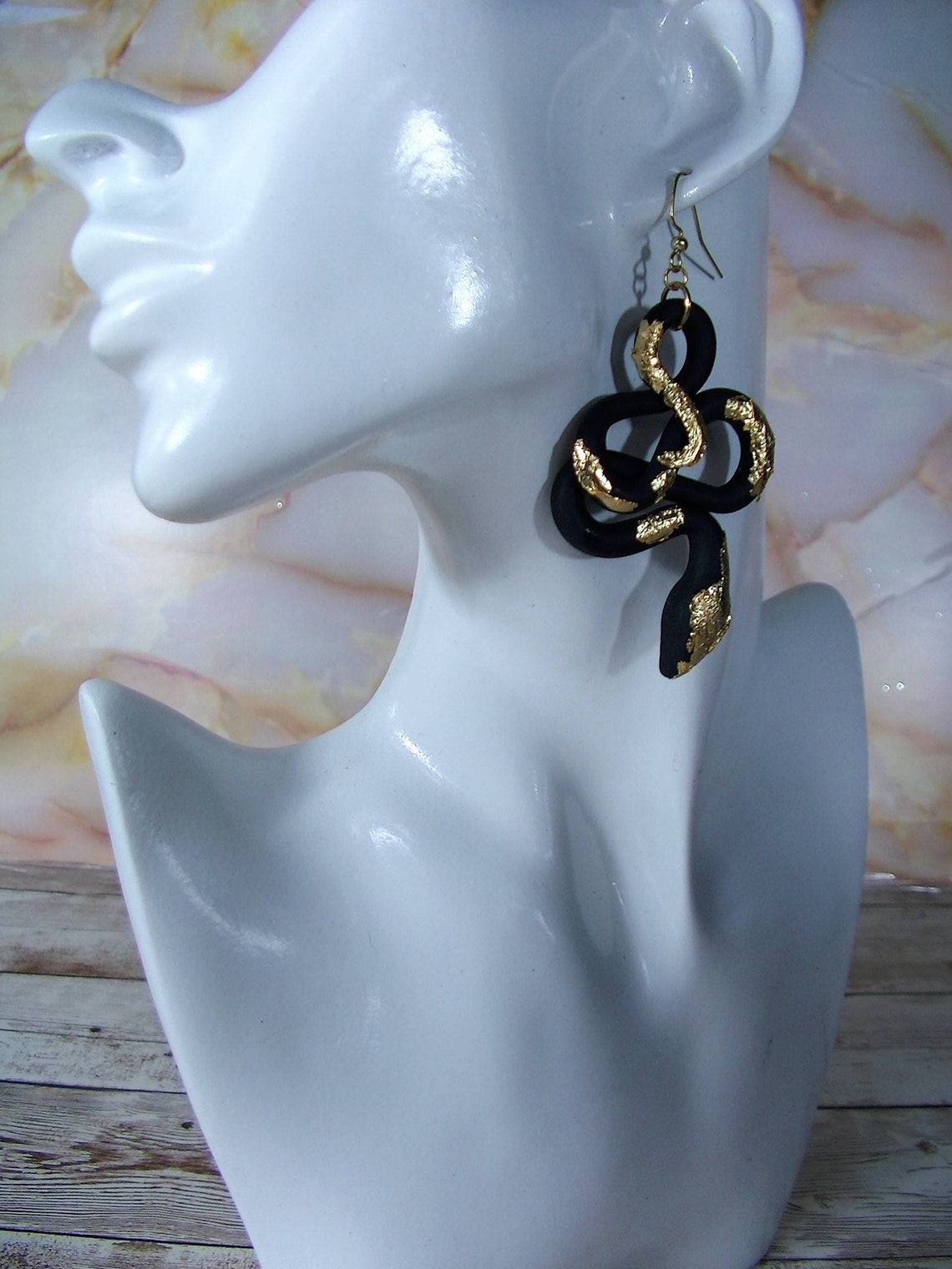 Handmade Coiled Black Snake and Gold Foil Polymer Clay Dangle Earrings ...