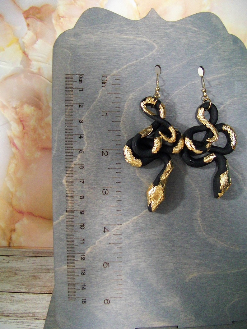 Handmade Coiled Black Snake and Gold Foil Polymer Clay Dangle Earrings ...