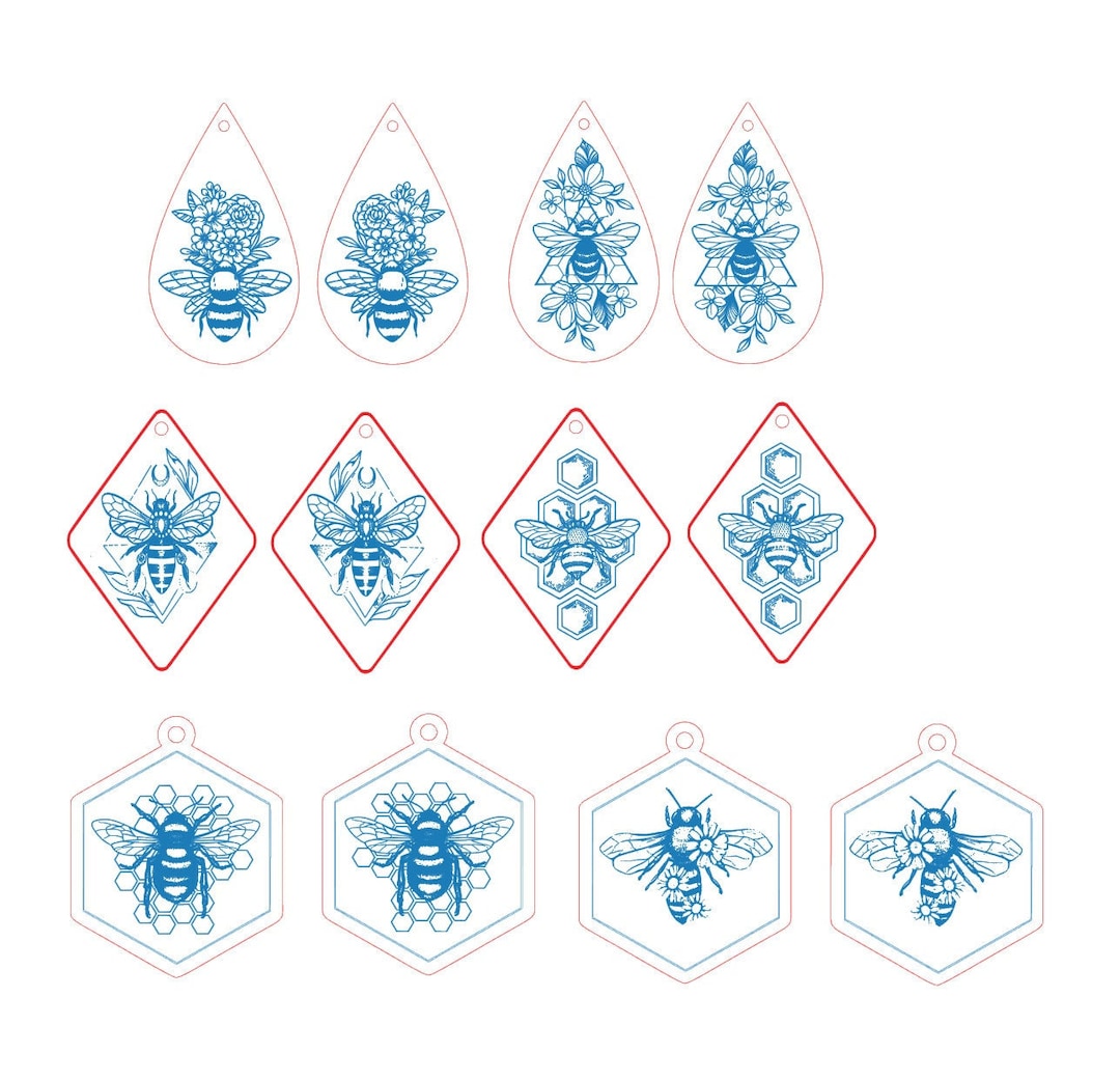 SVG , Laser Cut File, Engraved Honey Bee Dangle Earring Bundle 6 Cut ...