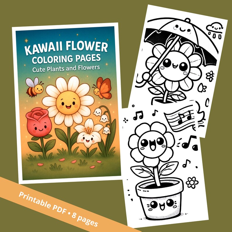 Kawaii Flower Coloring Pages – 8 Printable Cute Plants for Kids | Easy ...