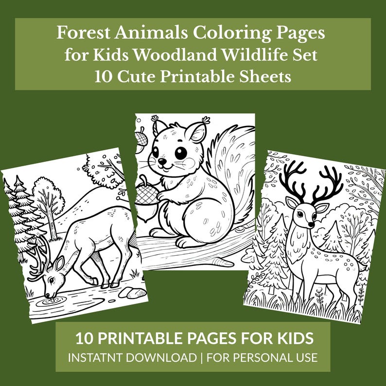 Forest Animals Coloring Pages for Kids – Woodland Wildlife Set (10 Cute ...