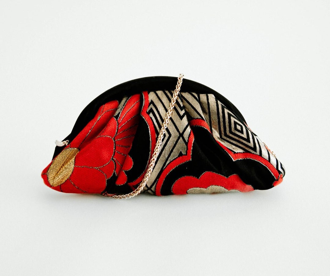 Red and Black Japanese Silk Bag, Silk Handbag, Red Silk Clutch, Gold ...