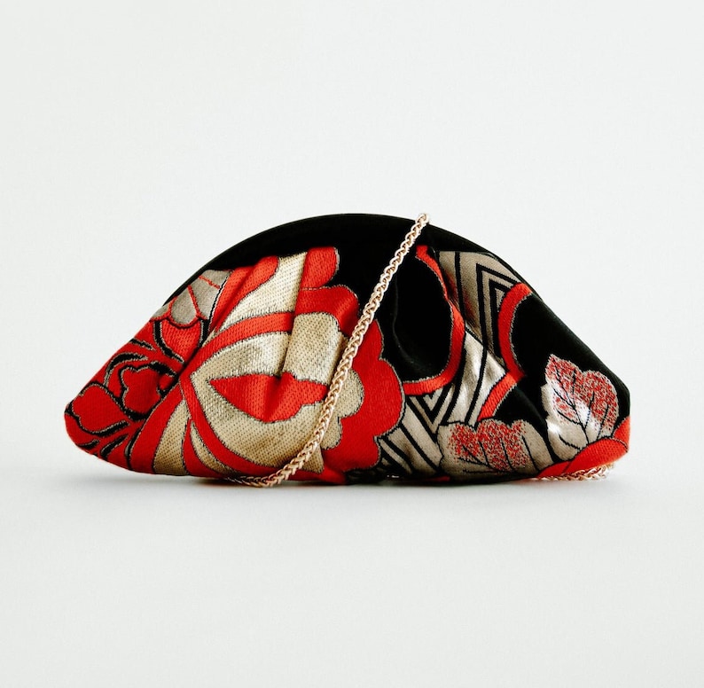Red and Black Japanese Silk Bag, Silk Handbag, Red Silk Clutch, Gold ...