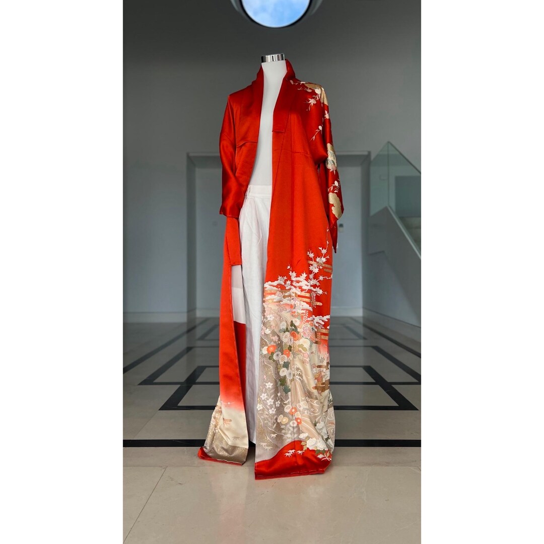 Antique Silk Kimono, Orange Red Silk Kimono, Vintage Silk Kimono, Japanese Kimono, Antique ...