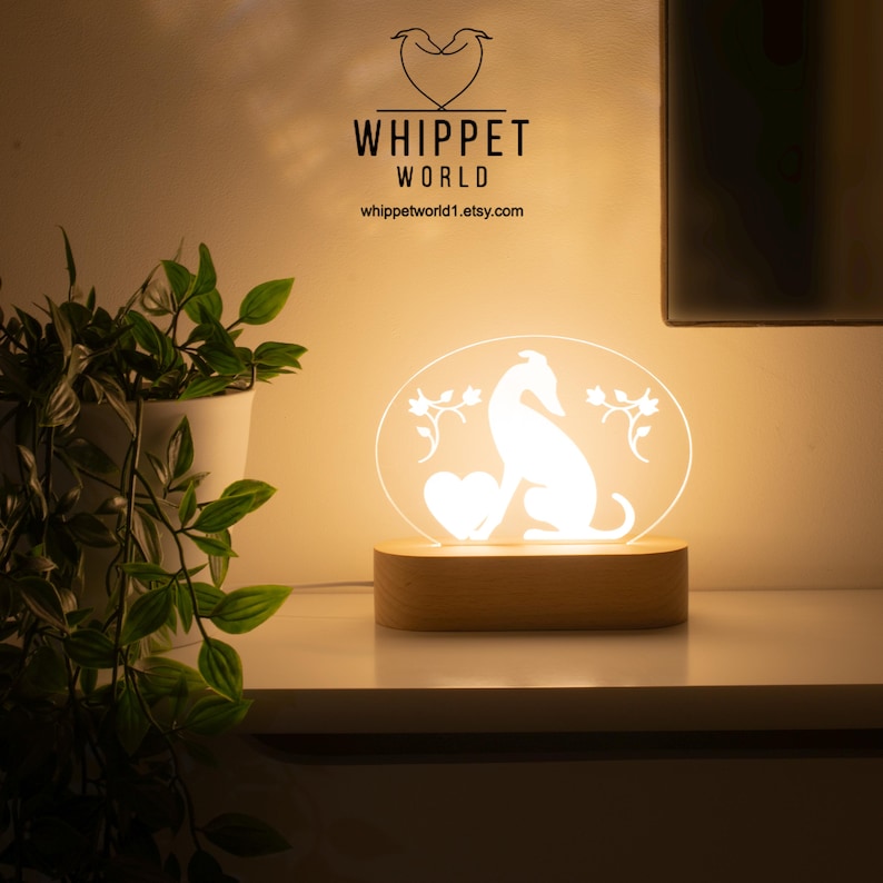 Whippet Greyhound LED Lamp: Beech Base, Acrylic Panel, Dog Lover Gift ...