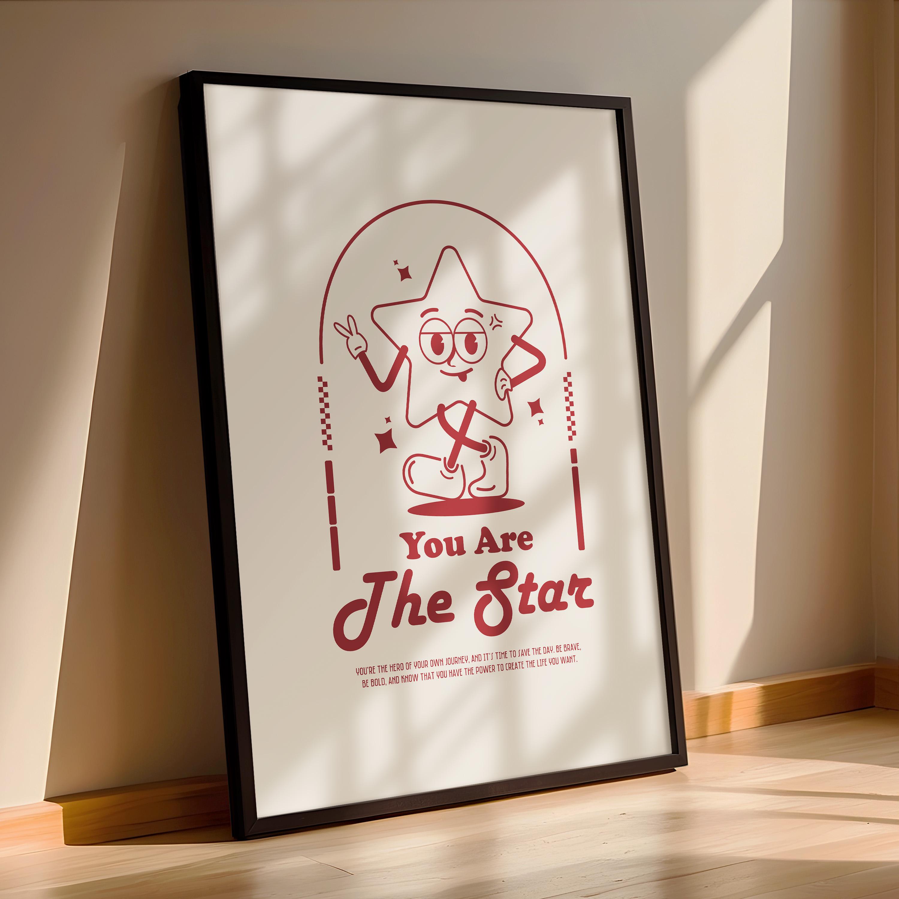 You Are the Star Poster, Motivational Retro Wall Art, Red Typography ...