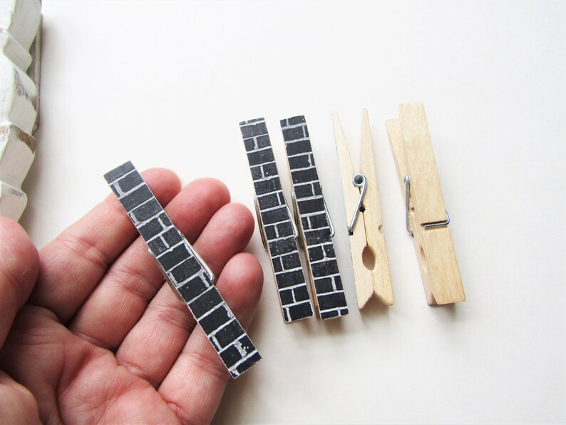 Black Clothespins, Black Brick Design, Handmade, Decorated Clothespins ...