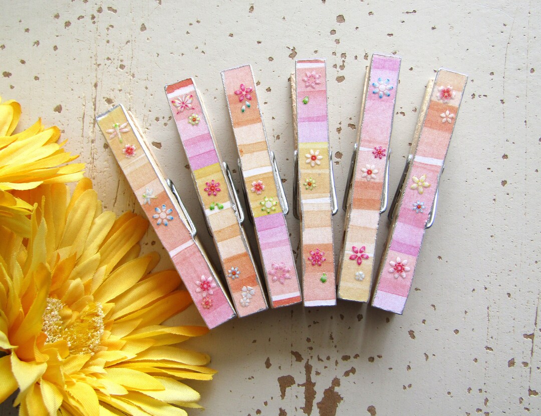 NEW ! Clothespins, Pink and Yellow Stripes, Tiny Flowers, Cute ...