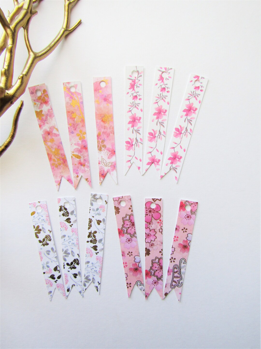 12 Long Gift Tags, Flower Designs, Pink White and Gold, Tags, Rectangle ...