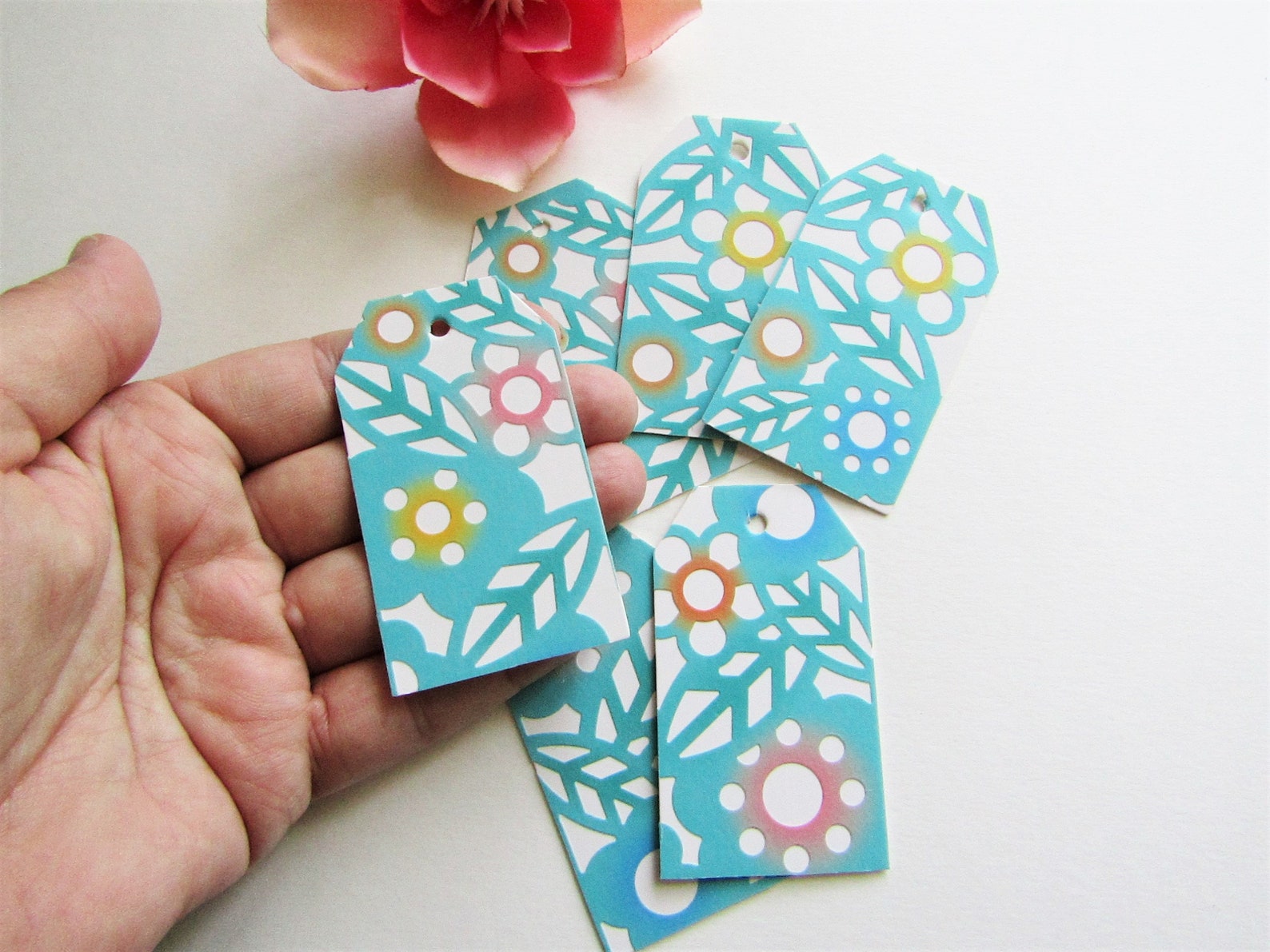 6 Gift Tags, Rectangle Tags, Turquoise Cut Out Tags, Bright Colors With ...