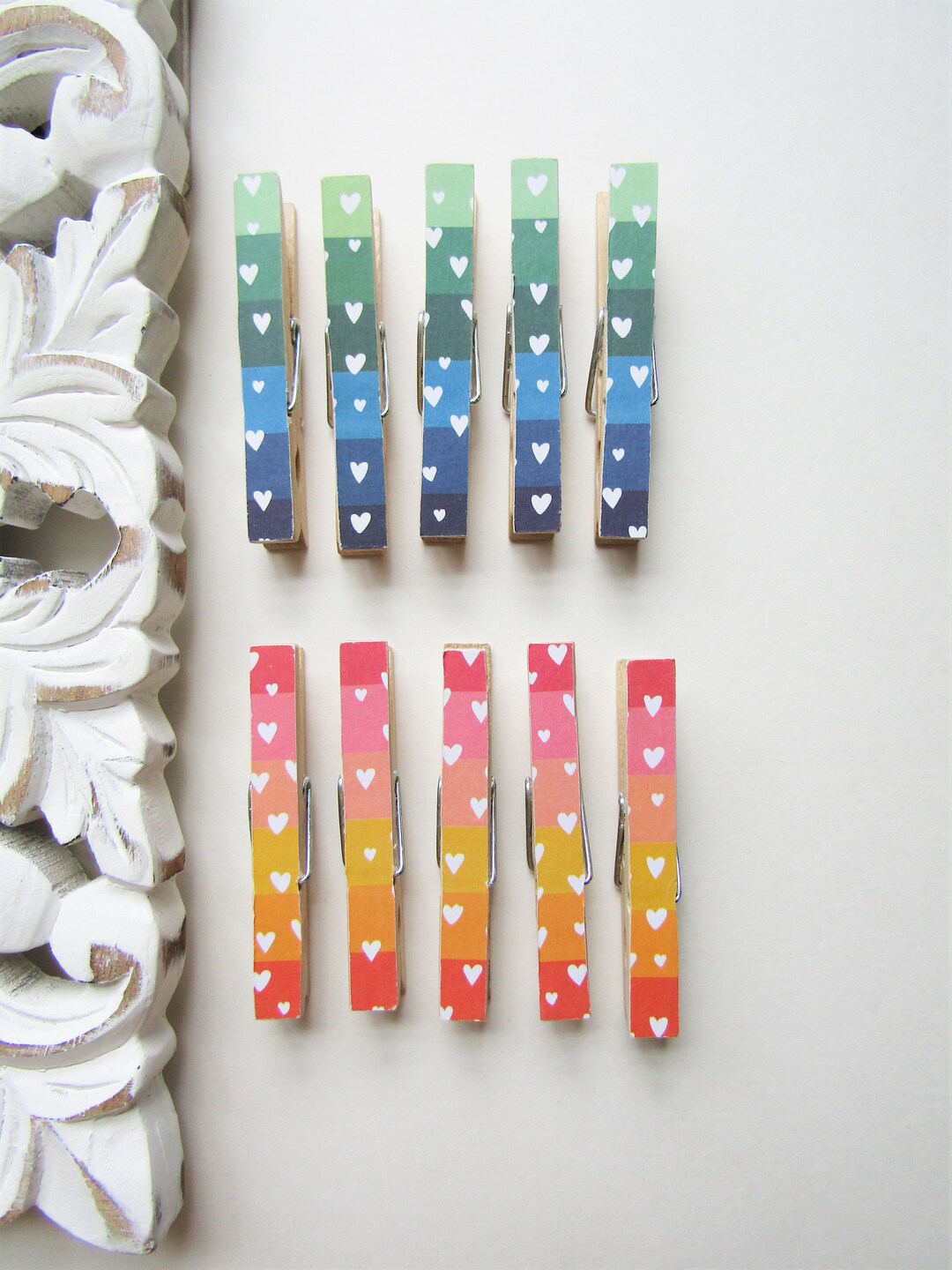 Clothespins, Rainbow Shades With Hearts, Handmade, Blue Green, Pink ...