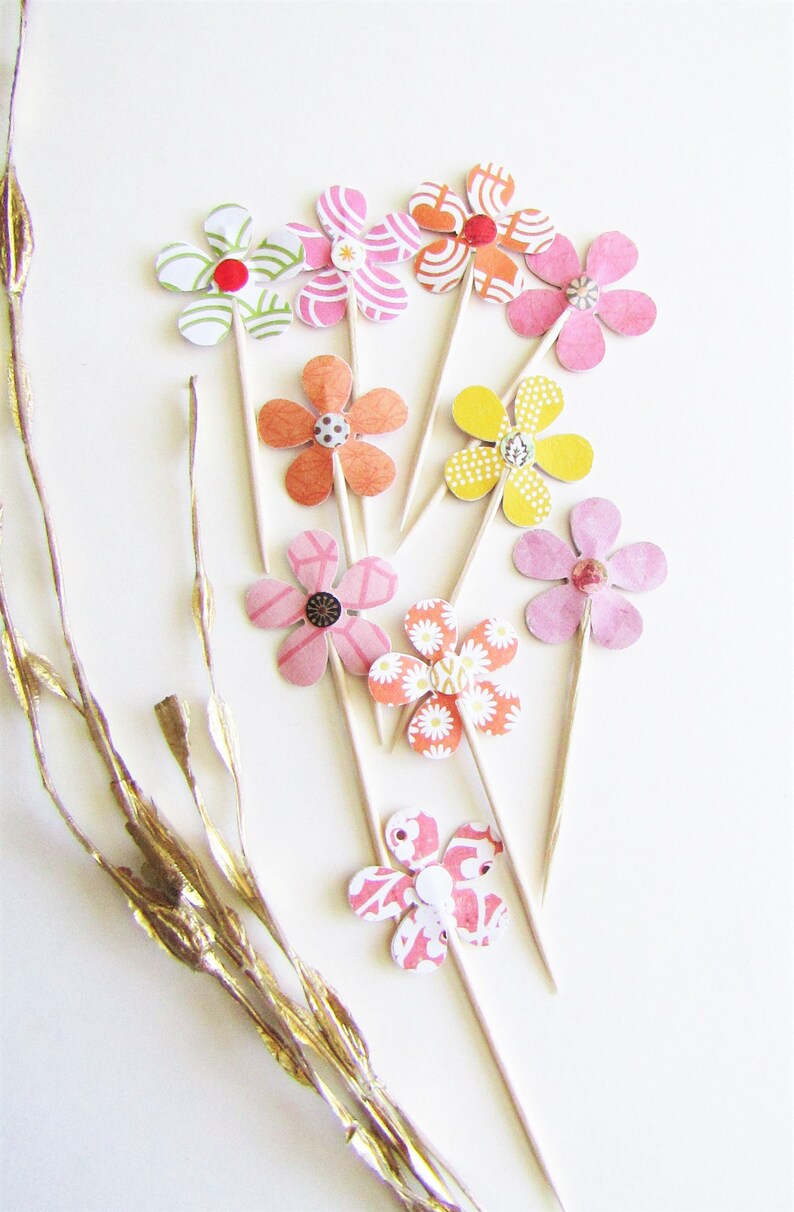 Cupcake Toppers, Flowers, Multicolored Flower Cake Toppers, Handmade ...