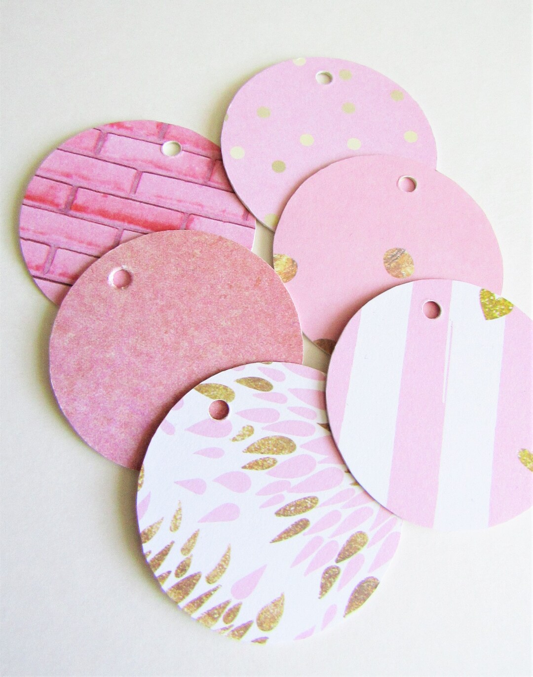 6 Round Gift Tags, Pink White and Gold Tags, Handmade Tags, Small Gift ...