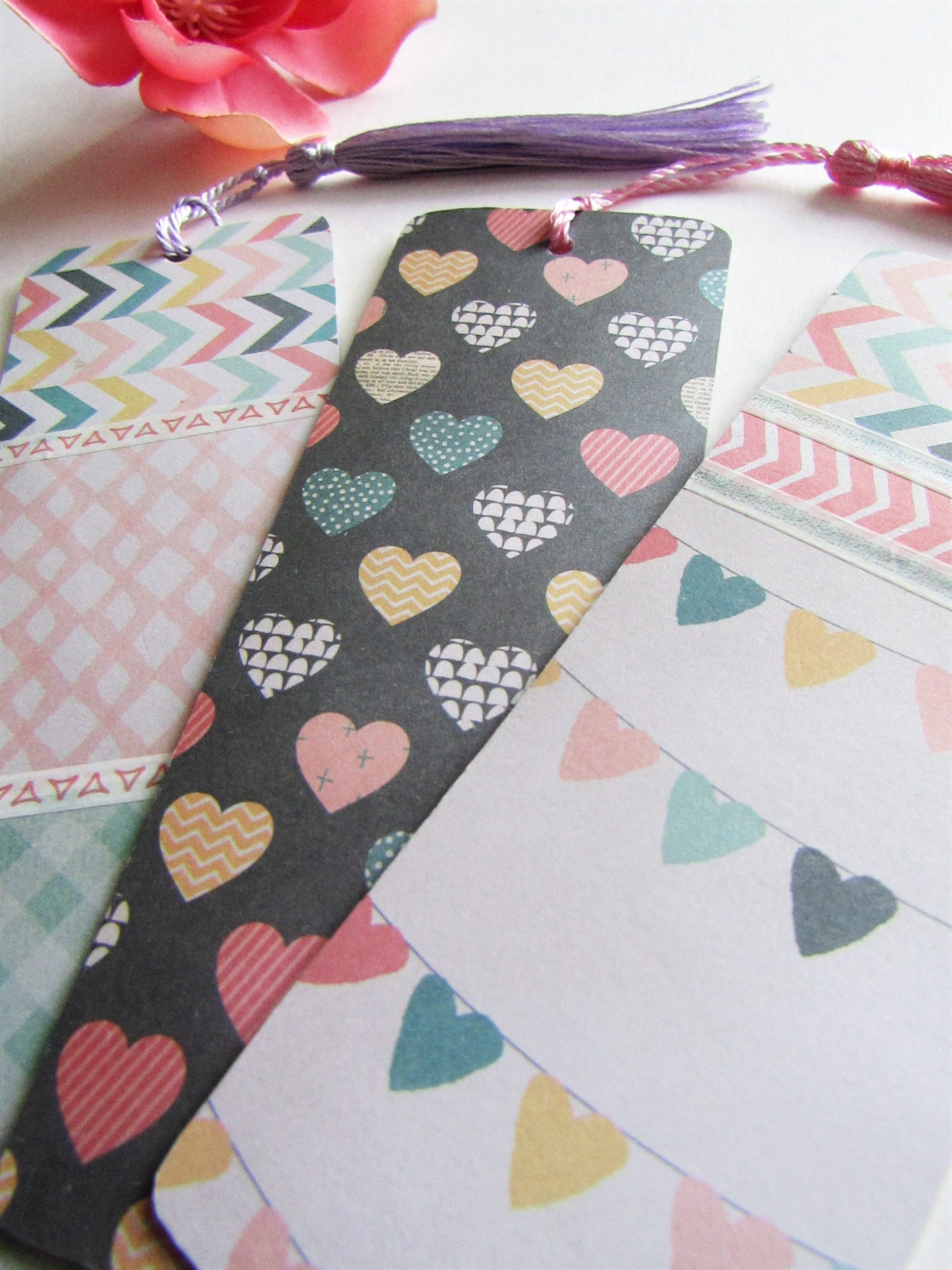 Handmade Paper Bookmarks, Pastel Hearts & Flowers, Tassel Accent, Set ...