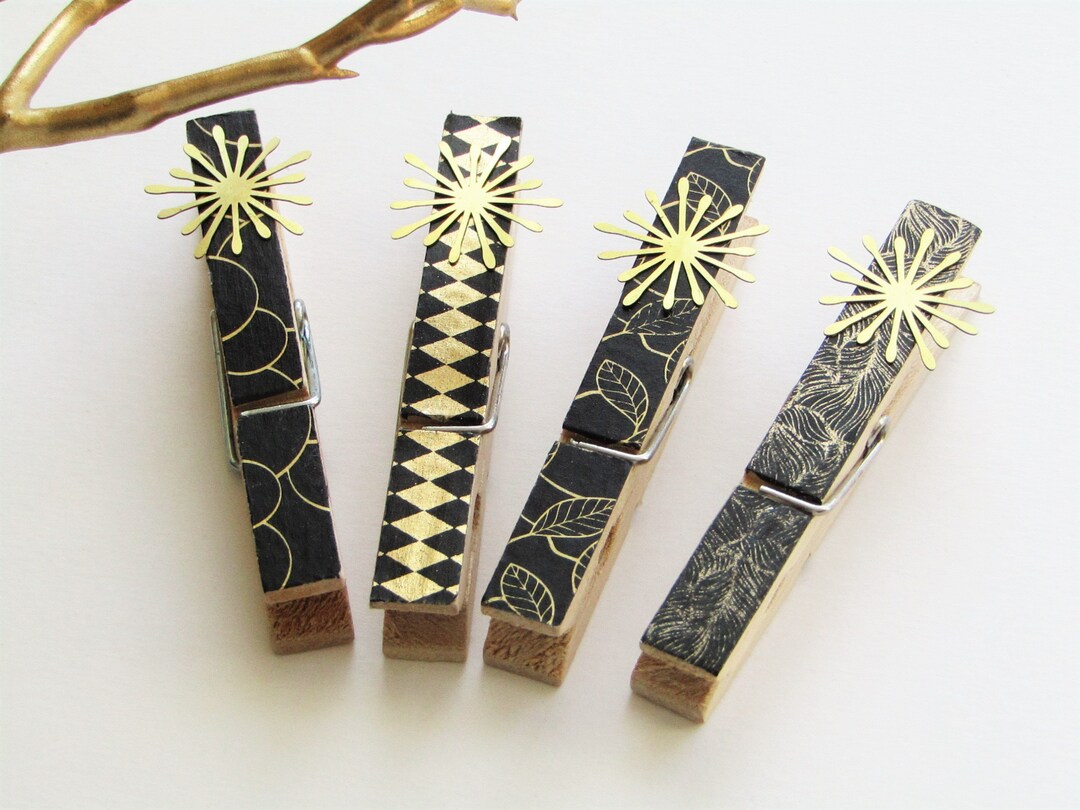 Clothespins, Black and Gold Decorated Wooden Clothespins, Gold Brass ...