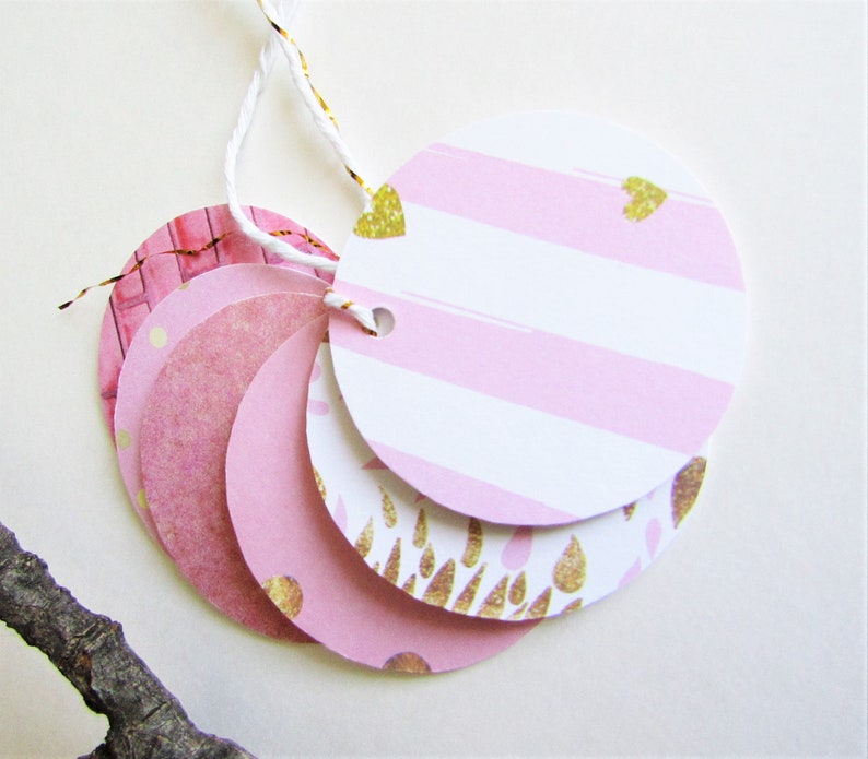 6 Round Gift Tags, Pink White and Gold Tags, Handmade Tags, Small Gift ...