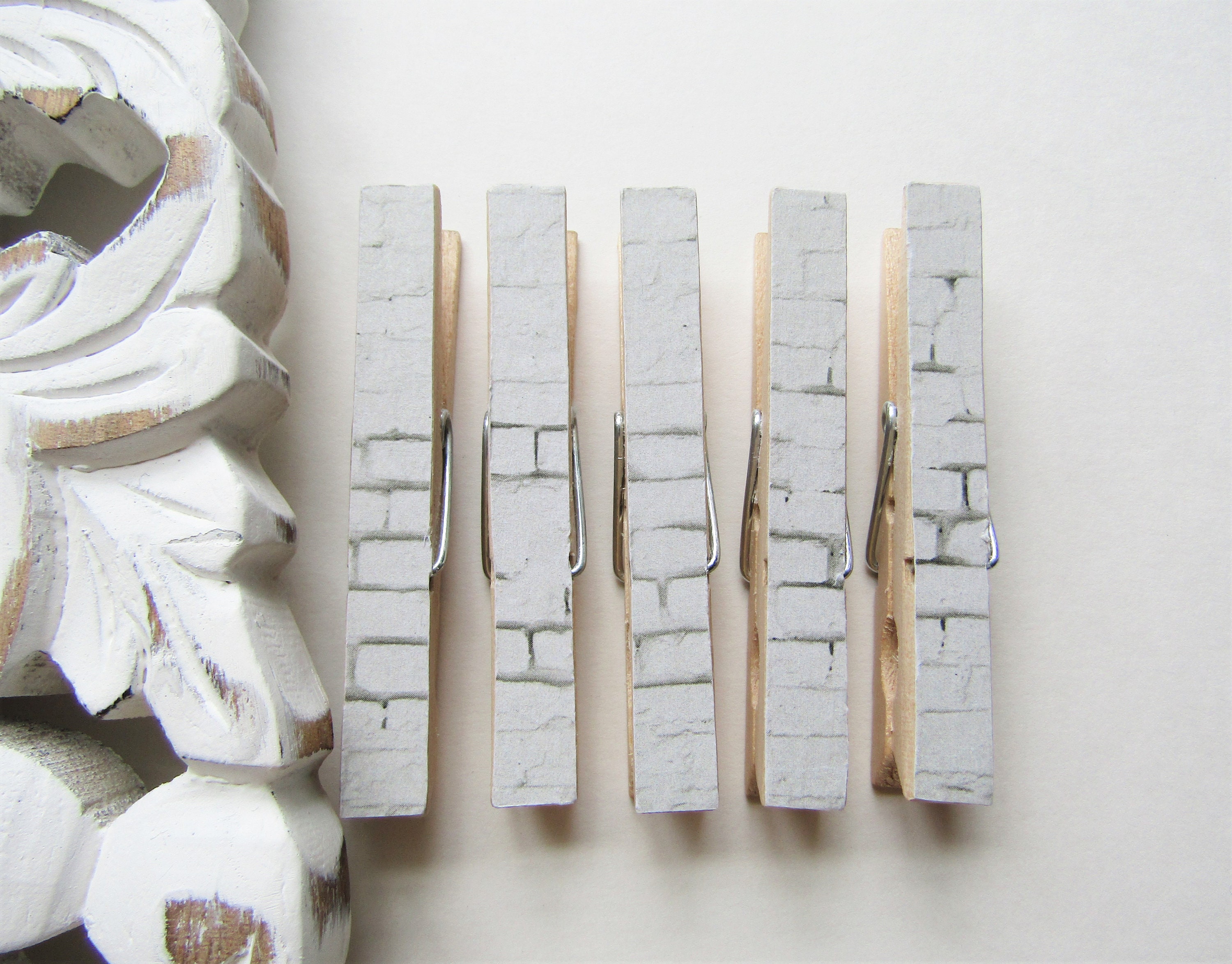 5 White Brick Clothespins, White Brick Design, Handmade, Decorated ...