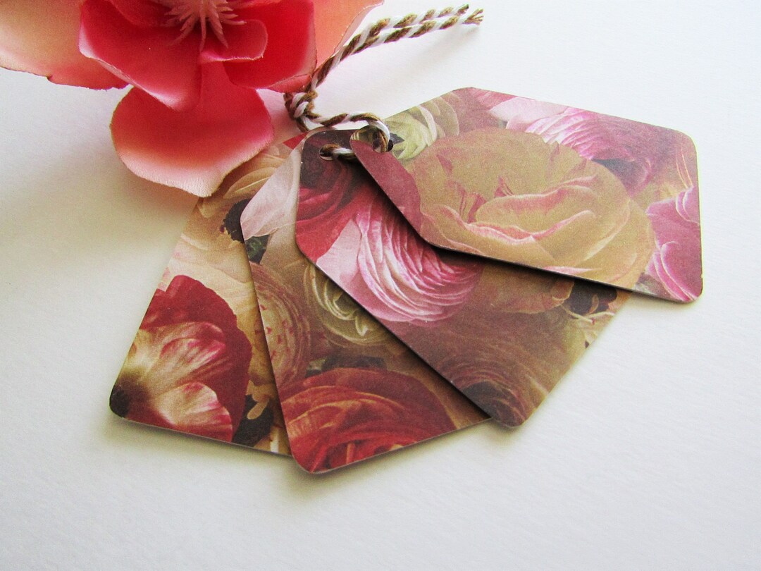 4 Rectangle Gift Tags, Flower Design Tags, Handmade Tags, Rose ...