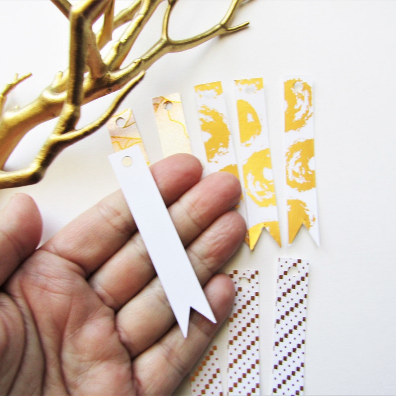 9 Long Gift Tags, Gold and White Tags, Long Rectangle Tags, Shiny Tags ...