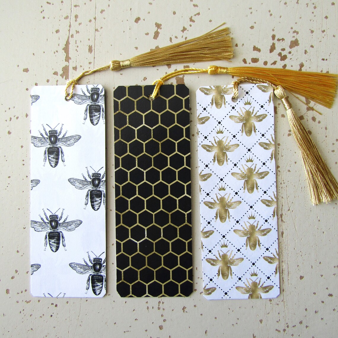 Handmade Paper Bookmarks, Golden, Black and White, Bees and Honeycomb ...