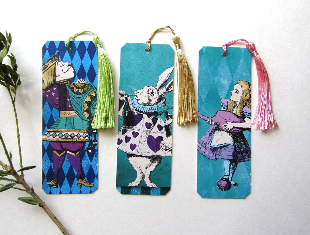 Alice in Wonderland Bookmarks, Double-sided With Tassels, Handmade, Set ...