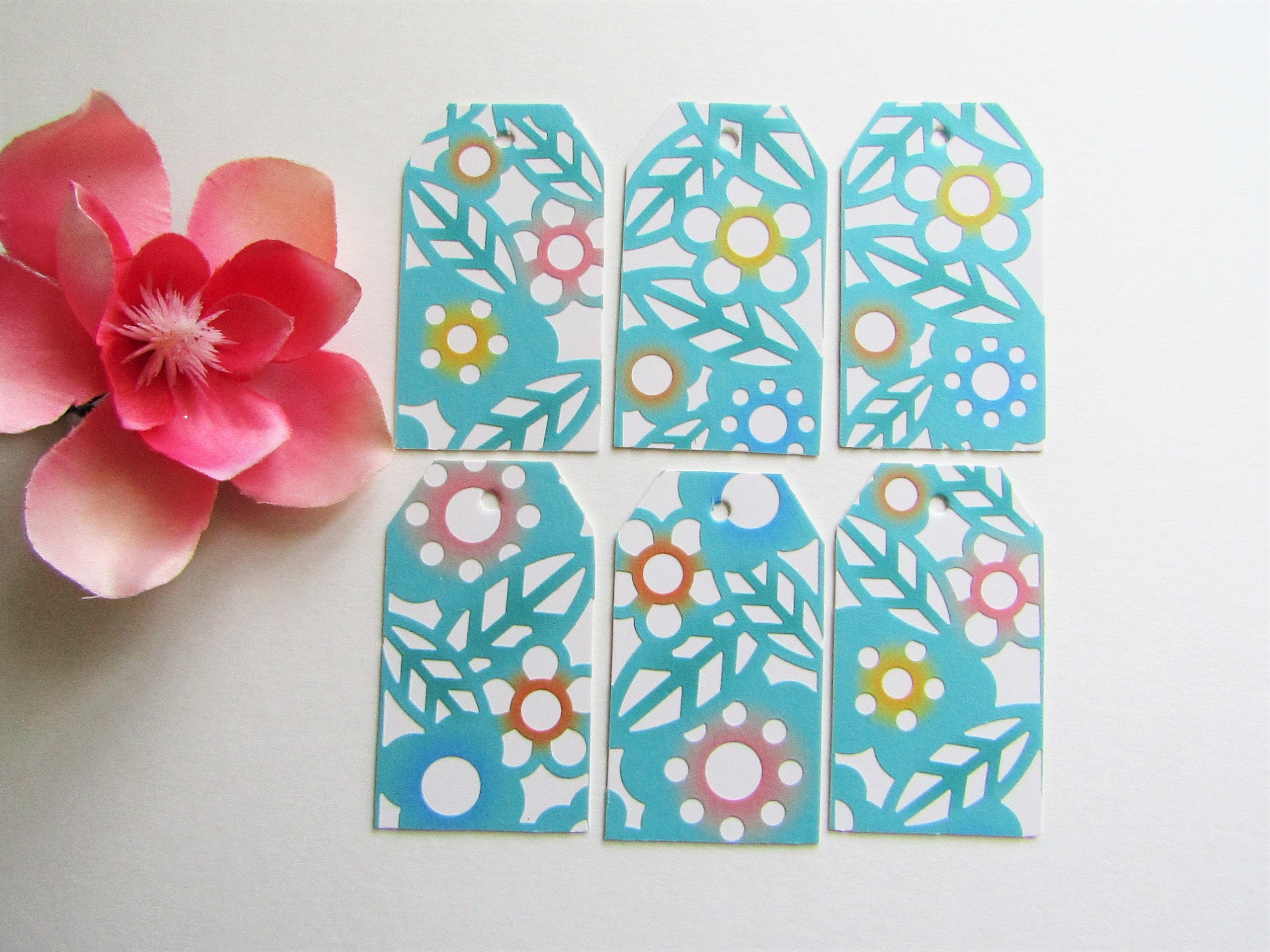 6 Gift Tags, Rectangle Tags, Turquoise Cut Out Tags, Bright Colors With ...