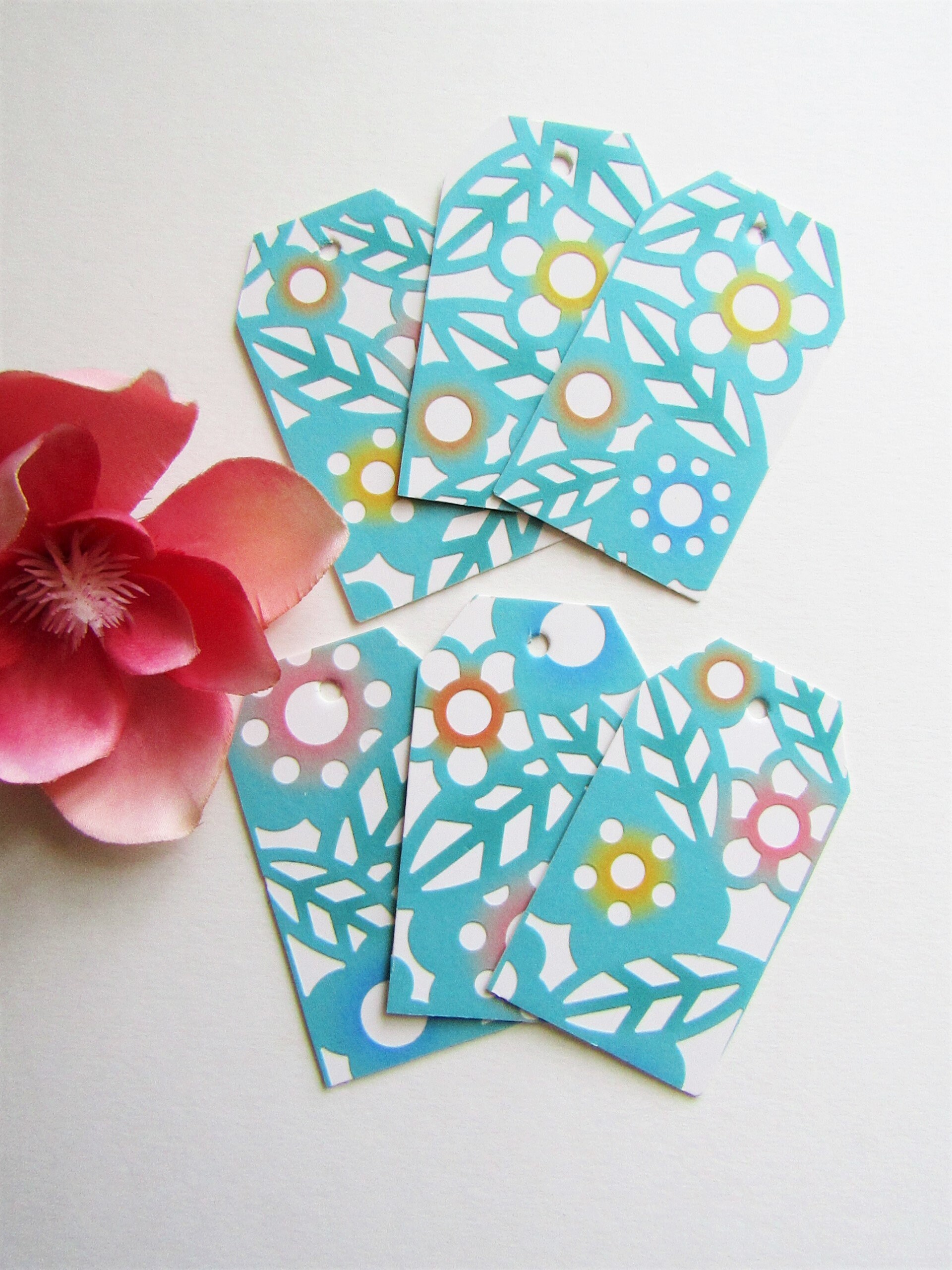 6 Gift Tags, Rectangle Tags, Turquoise Cut Out Tags, Bright Colors With ...