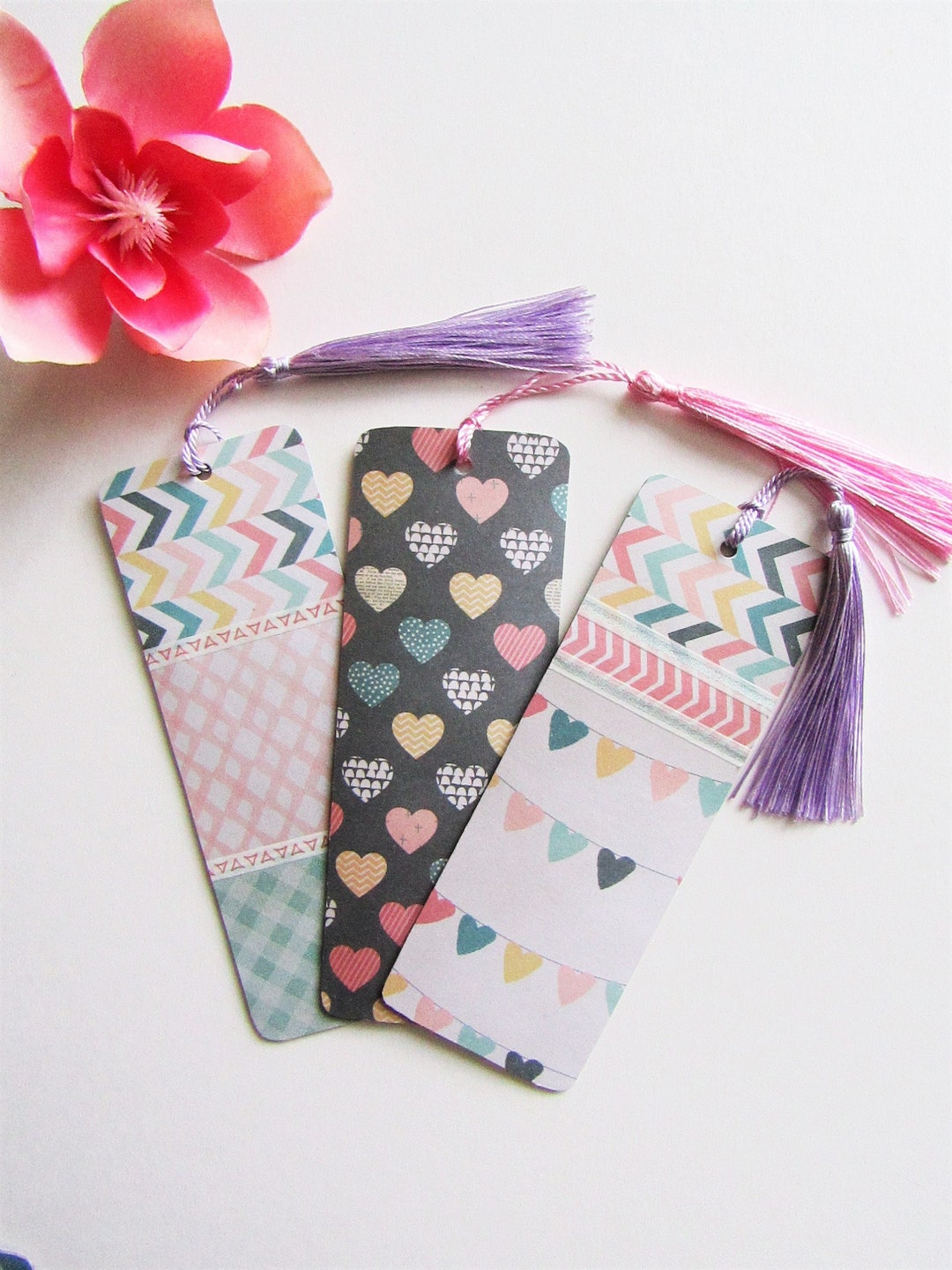 Handmade Paper Bookmarks, Pastel Hearts & Flowers, Tassel Accent, Set ...