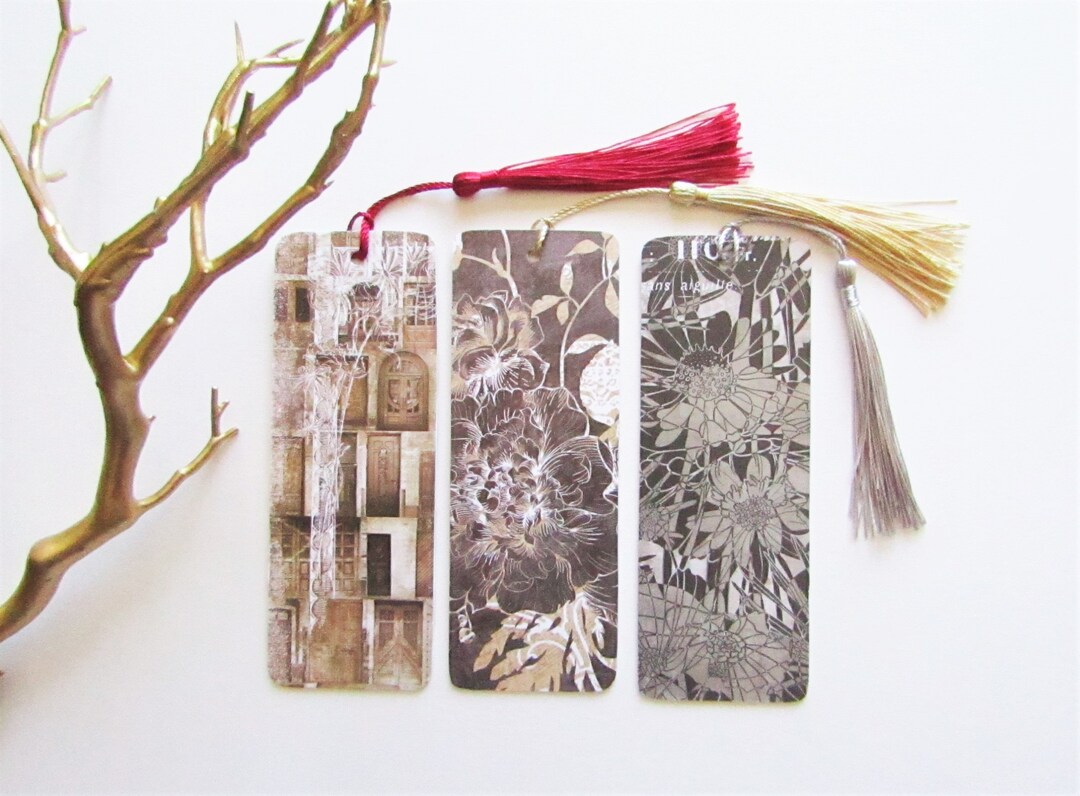 Paper Bookmarks, Rustic Flowers and Houses Theme in Neutral Grey, Brown ...