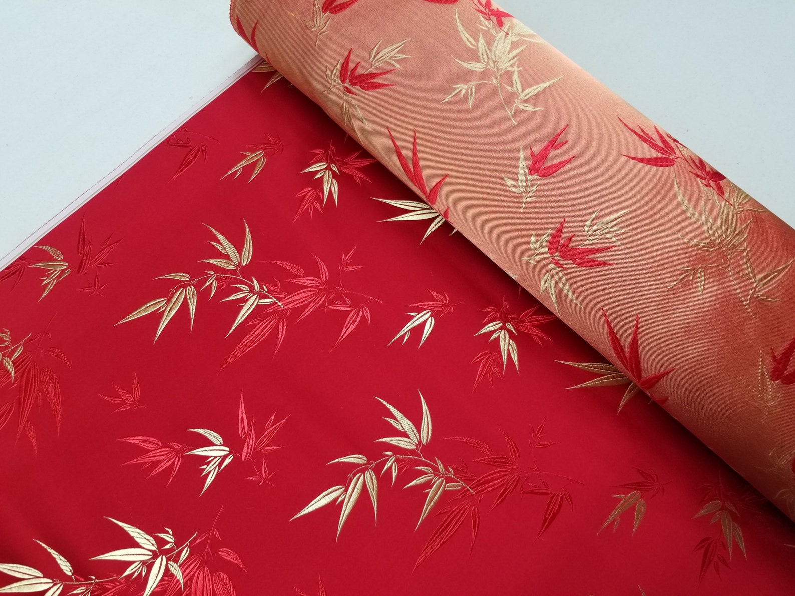 Red Silk Brocade Fabric: Gold Bamboo Floral, Chinese Brocade (half Yard ...