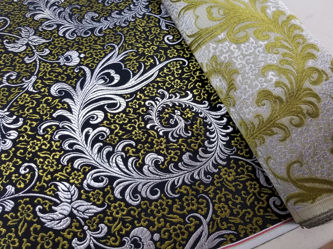 Fabric Silk Brocade Black and Gold, Silver Phoenix -by Half Yard ...