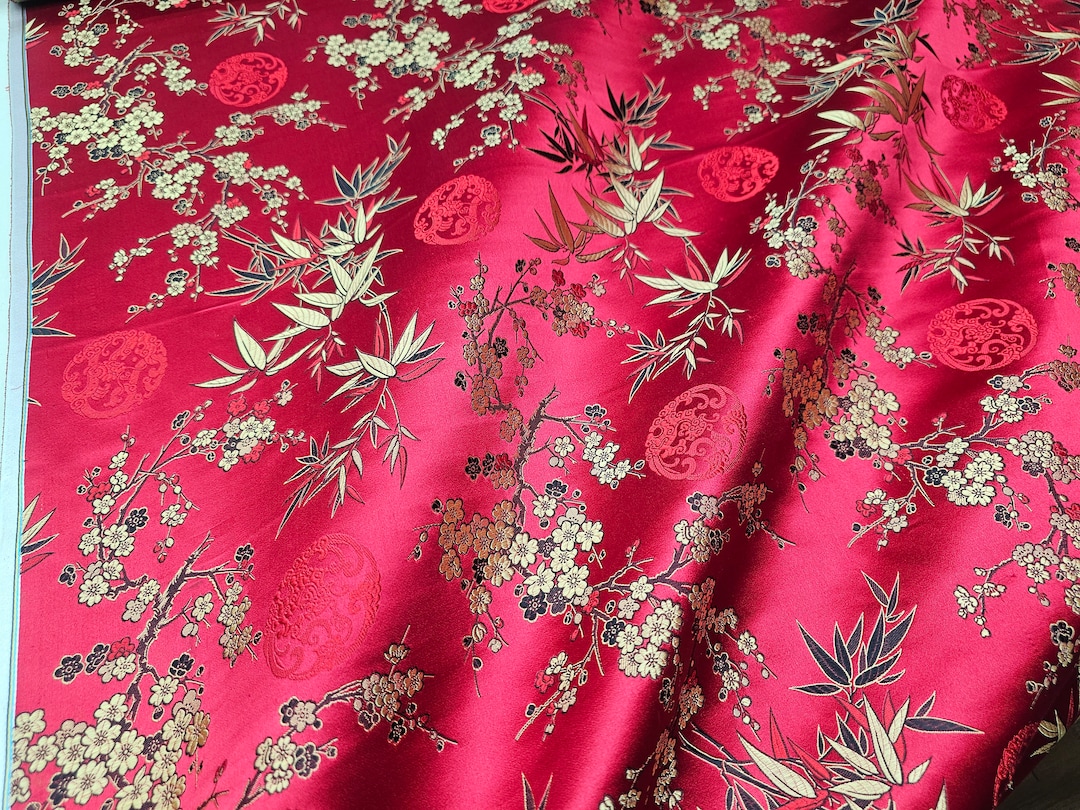 Fabric Silk Brocade Red and Color Gold Pattern Bamboo, Plum -by Half ...