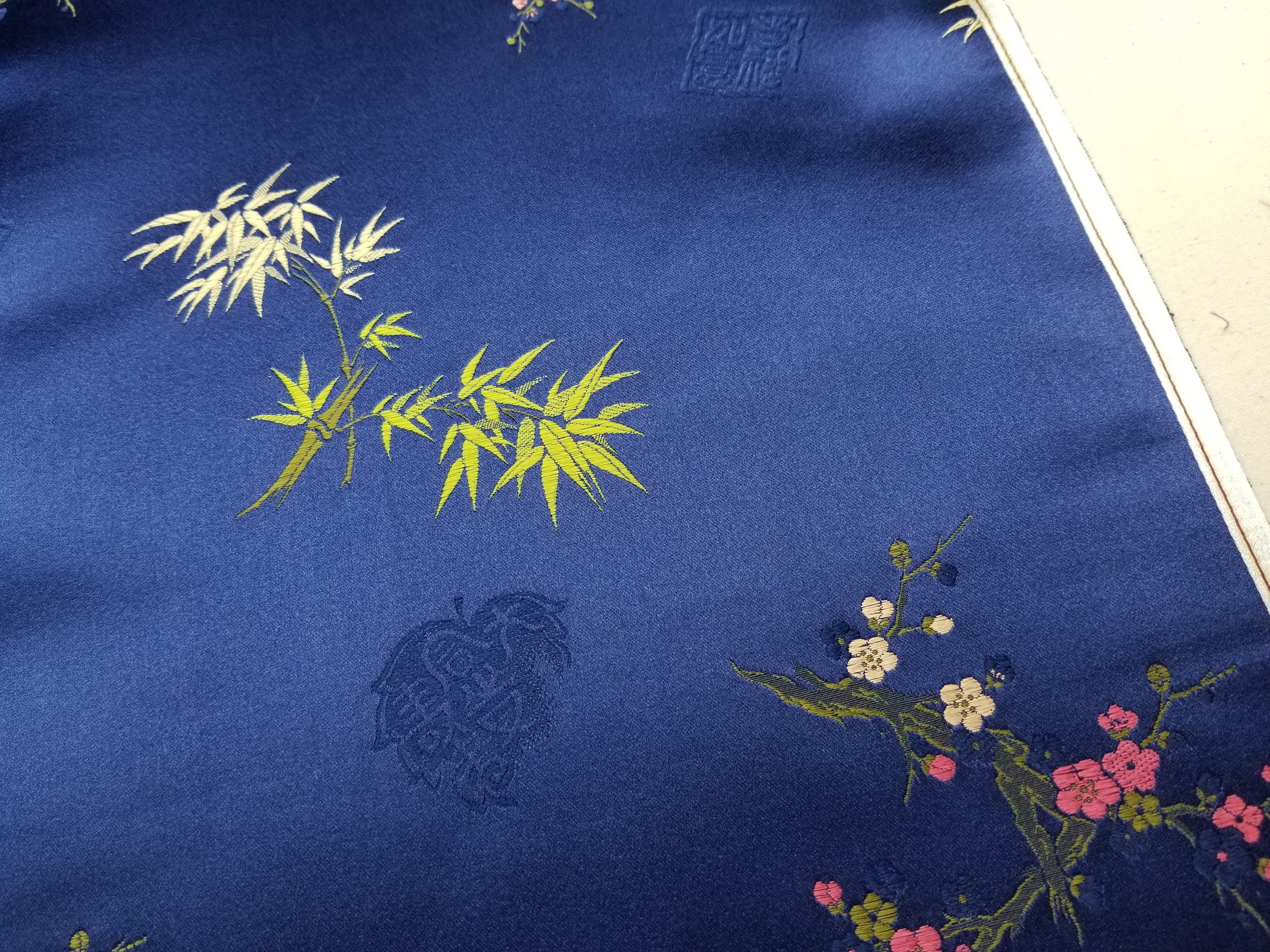 Fabric Silk Brocade Blue and Colourful Bamboo/plum W/symbols by Half ...