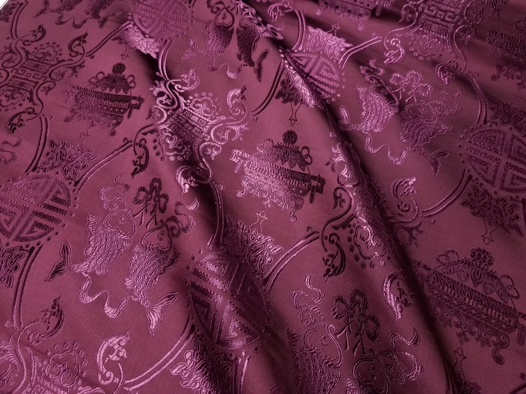 Silk Brocade Fabric: Double Fish Maroon Medallion, 29" Wide (by Half ...