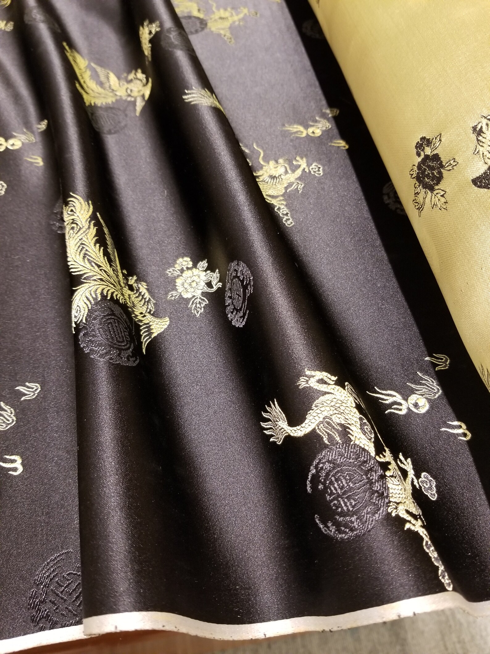 Fabric Silk Brocade Black and Gold Dragon, Phoenix W/symbol ...