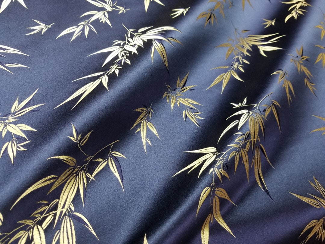 Fabric Silk Brocade Dark Blue and Color Gold Bamboo Floral -by Half ...