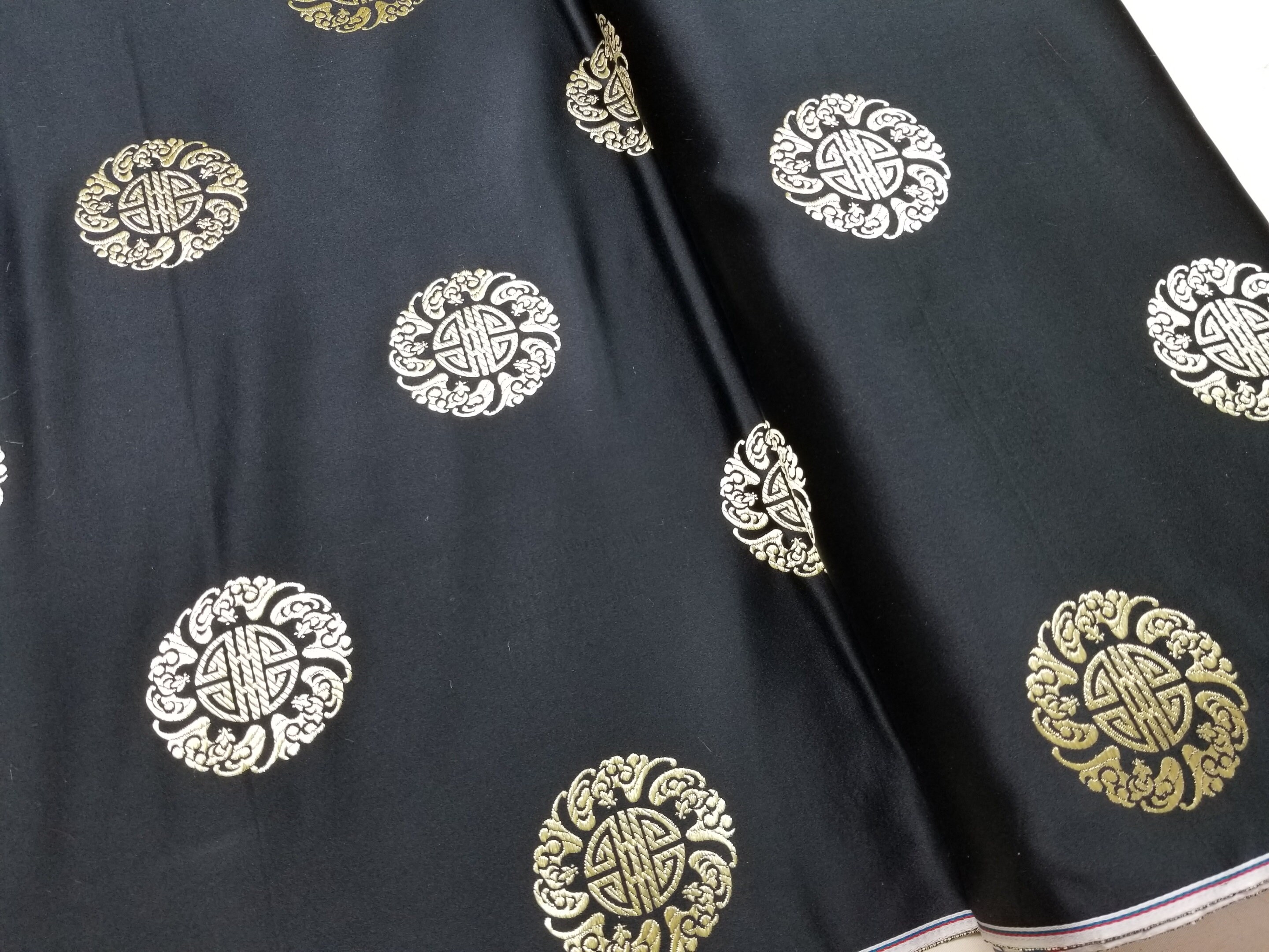 Fabric Silk Brocade Black and Color Gold Medallion Symbol by Half Yard ...
