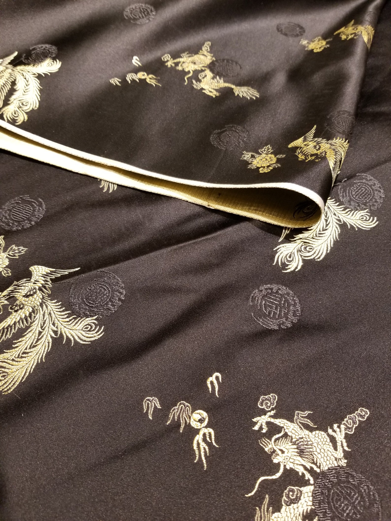 Fabric Silk Brocade Black and Gold Dragon, Phoenix W/symbol ...