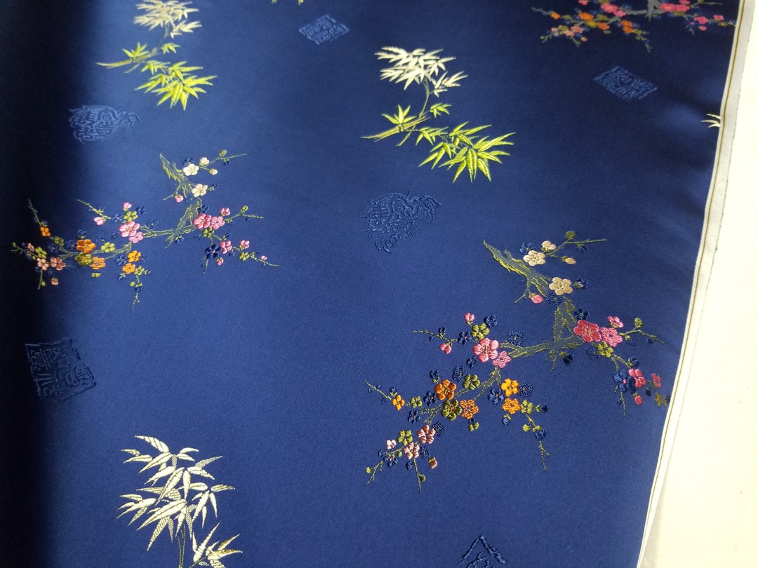 Fabric Silk Brocade Blue and Colourful Bamboo/plum W/symbols -by Half ...