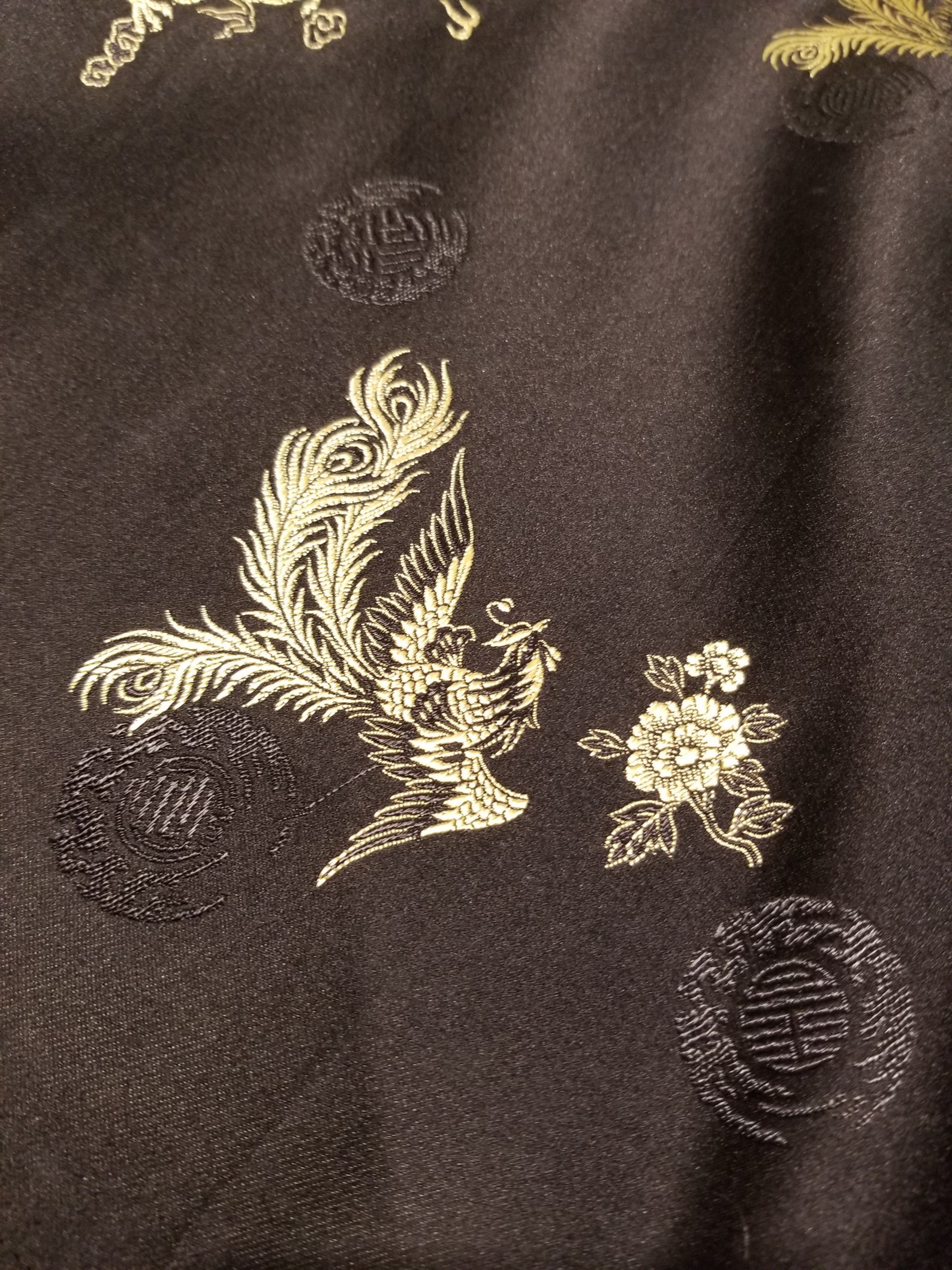 Fabric Silk Brocade Black and Gold Dragon, Phoenix W/symbol ...