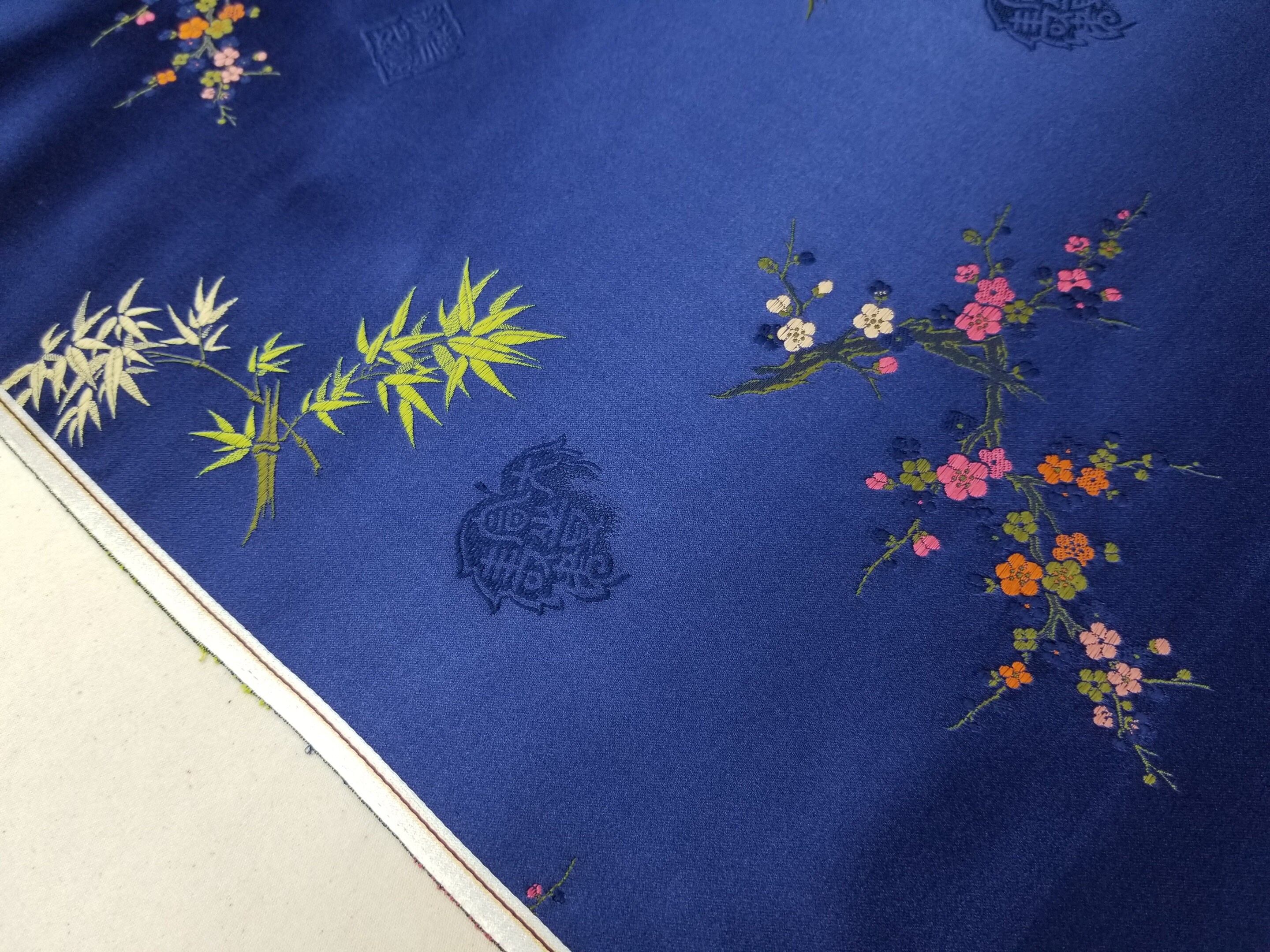Fabric Silk Brocade Blue and Colourful Bamboo/plum W/symbols by Half ...