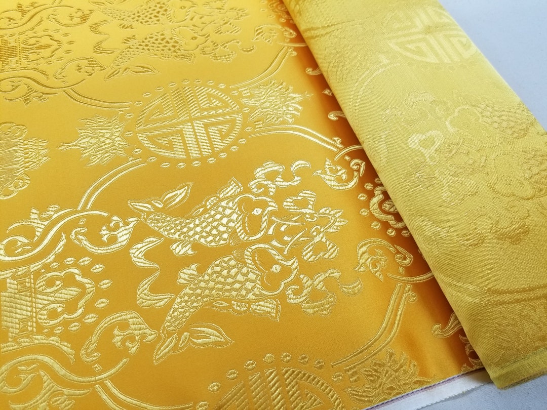 Gold Silk Brocade Fabric: Double Fish Medallion, Chinois Brocade (half ...