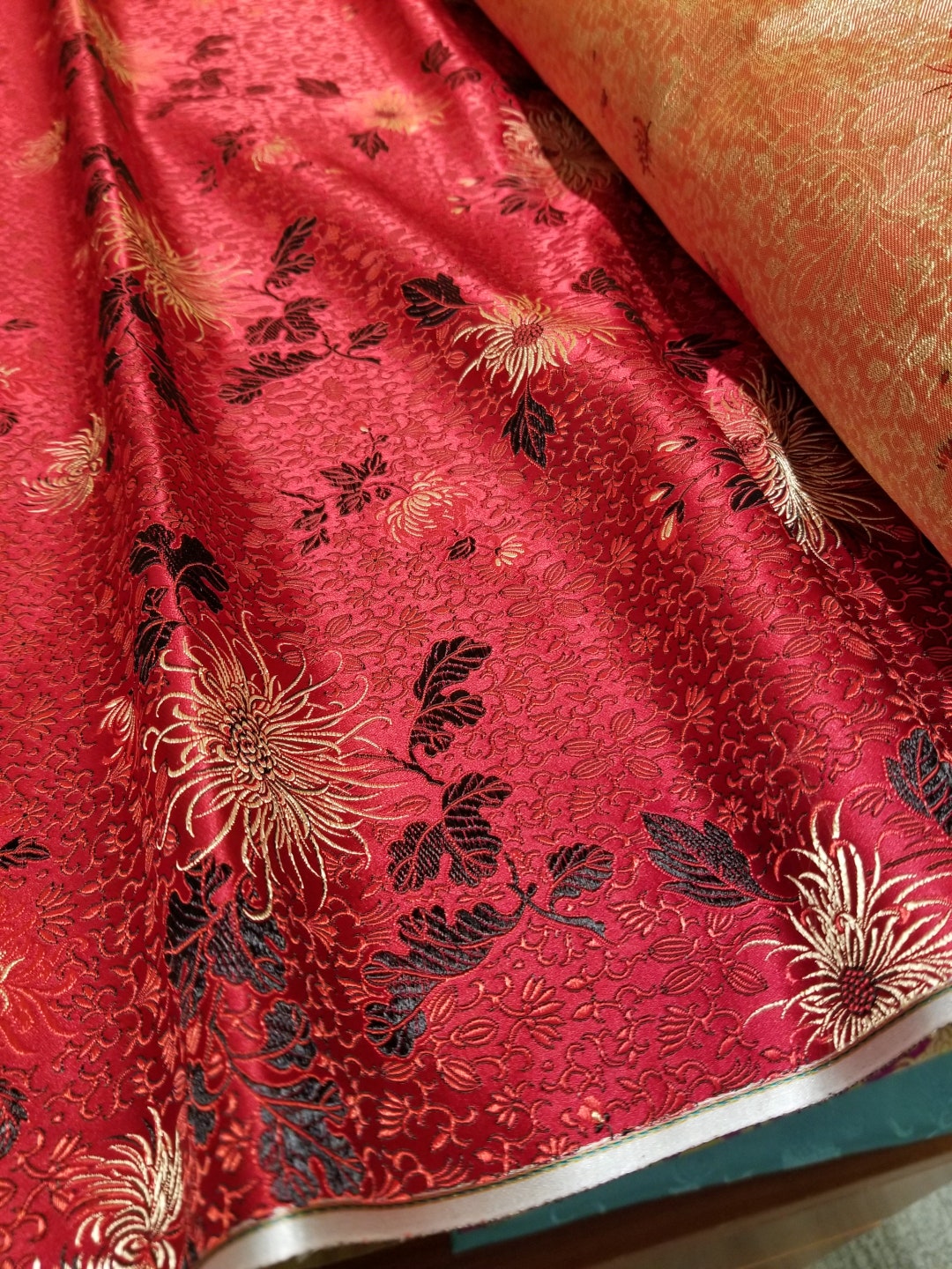 Fabric Silk Brocade Red and Black/chrysanthemum -by Half Yard-, Brocade ...