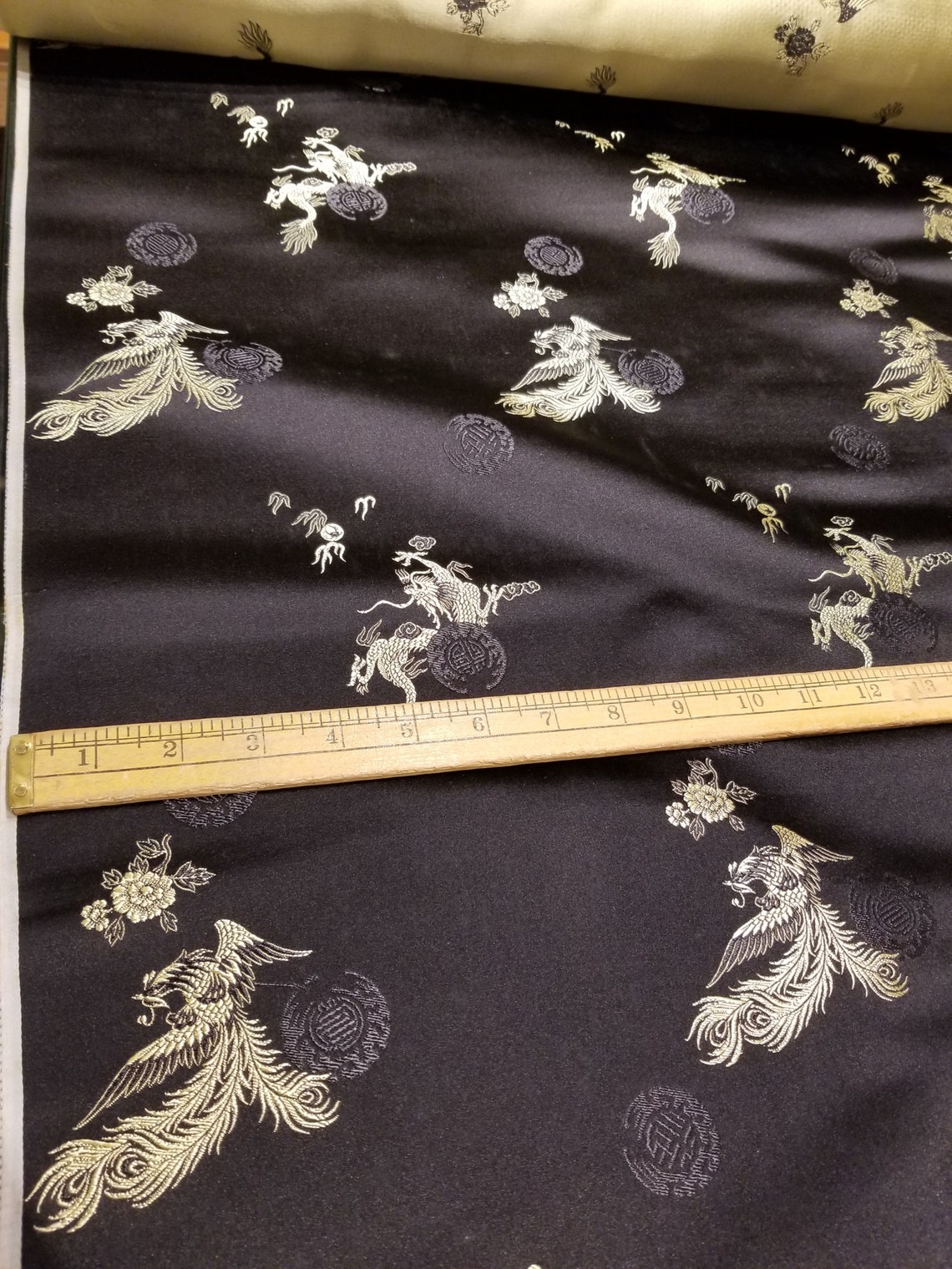 Fabric Silk Brocade Black and Gold Dragon, Phoenix W/symbol ...