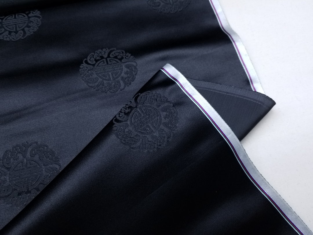 Fabric Silk Brocade Black and Color Black Medallion Symbol Remnant 2.8 ...