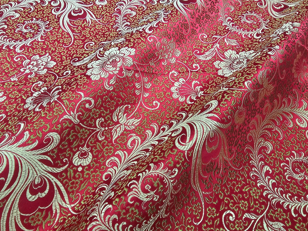 Fabric Silk Brocade Red and Gold Phoenix W/floral Width 29" -by Half ...