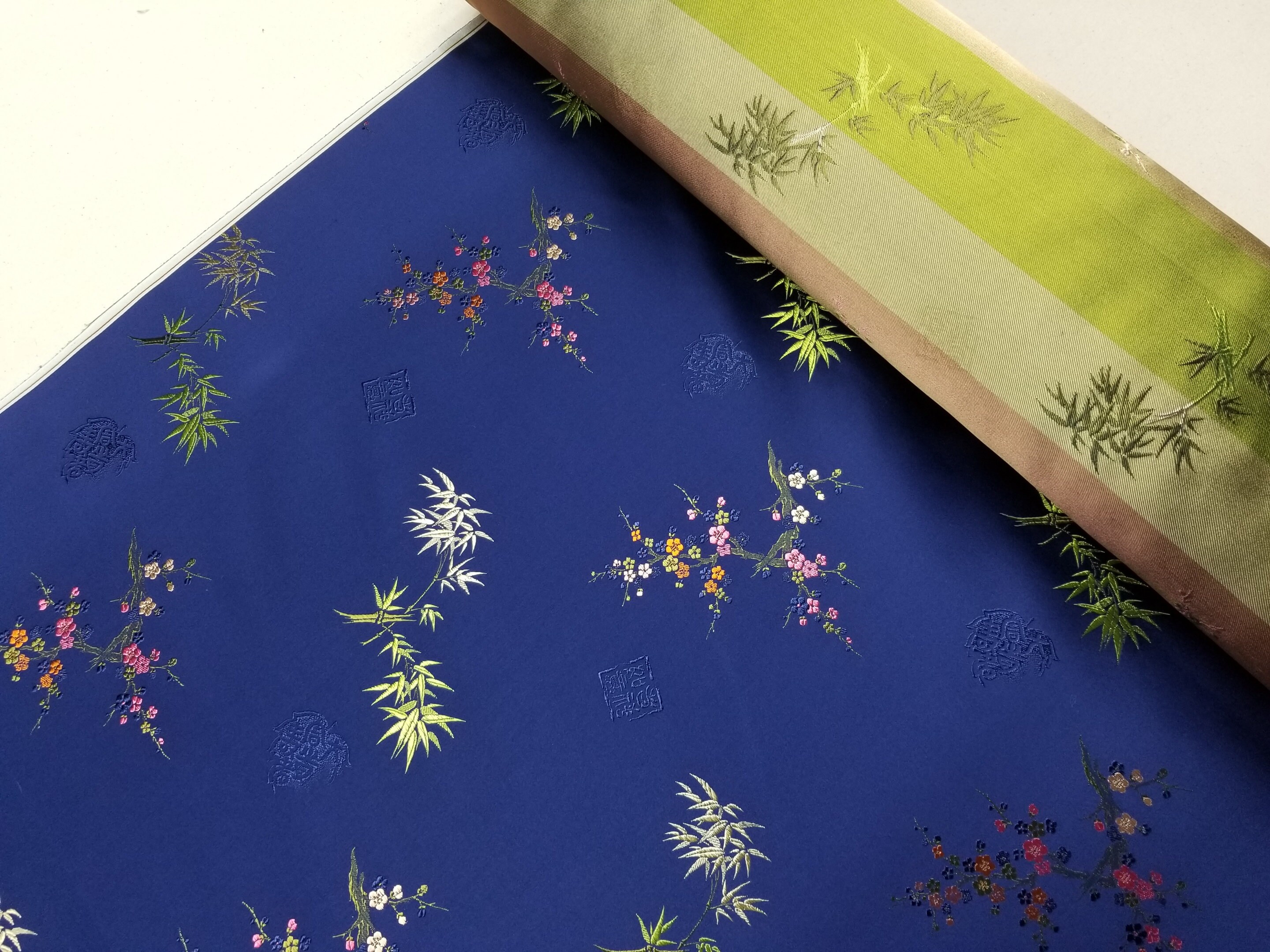 Fabric Silk Brocade Blue and Colourful Bamboo/plum W/symbols by Half ...